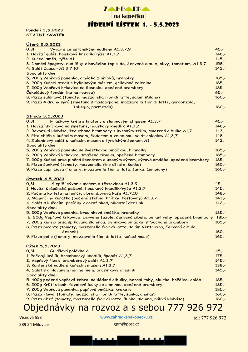 Polední menu - Restaurace Zahrádka na kopečku