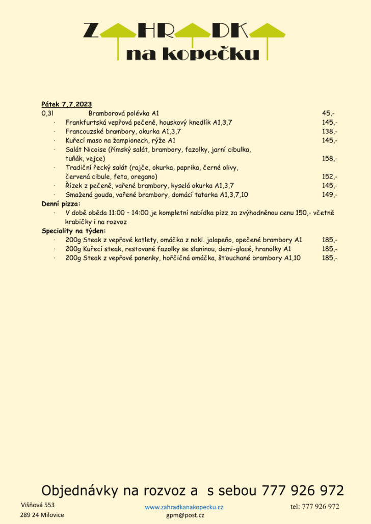 Polední menu - Restaurace Zahrádka na kopečku