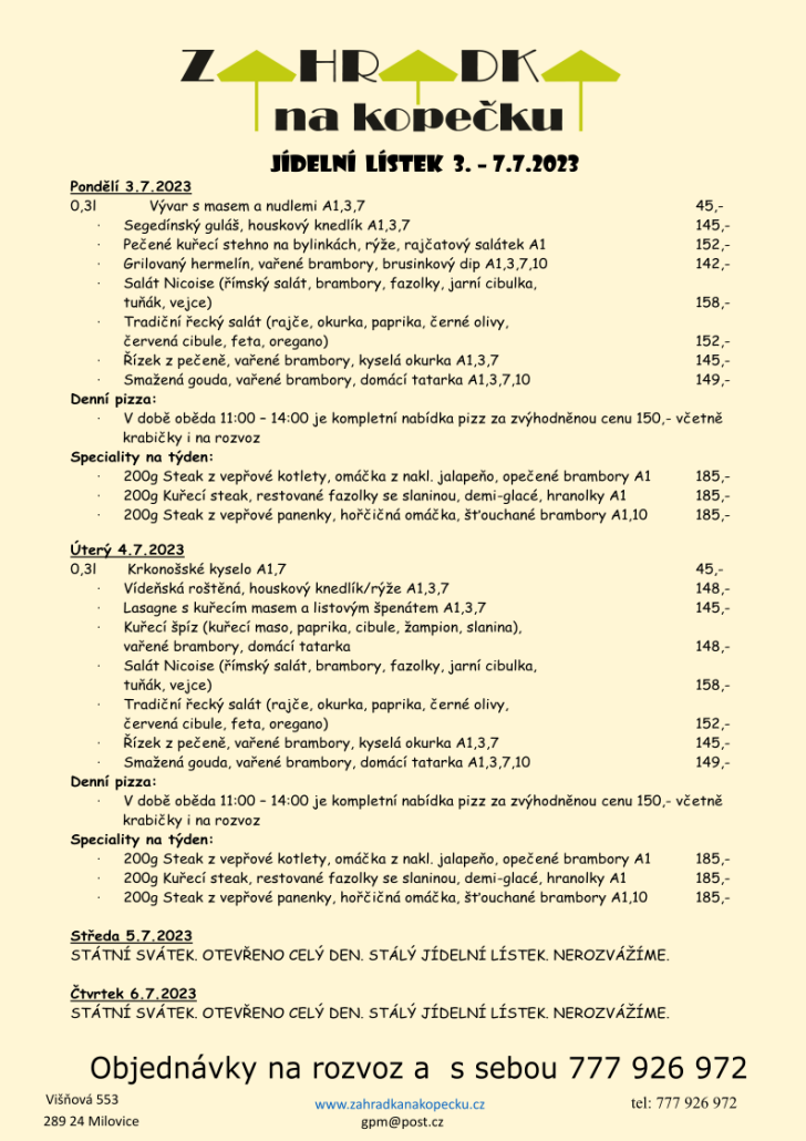 Polední menu - Restaurace Zahrádka na kopečku