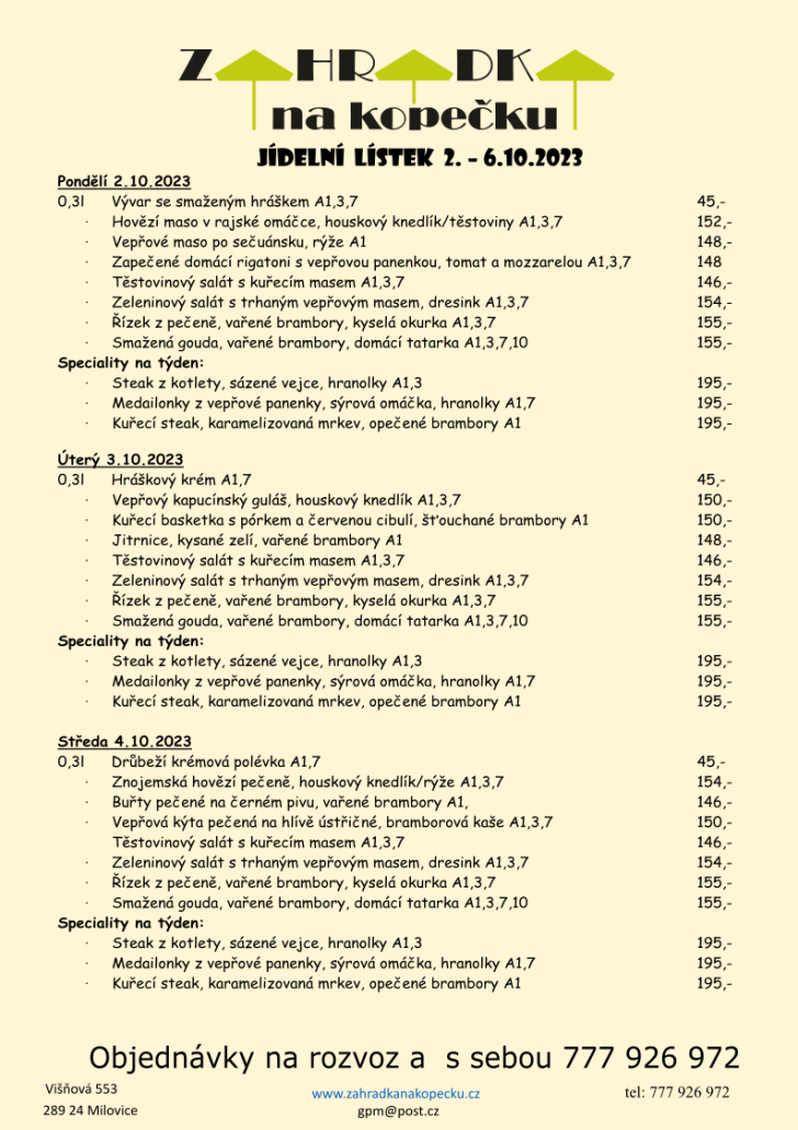 Polední menu - Restaurace Zahrádka na kopečku