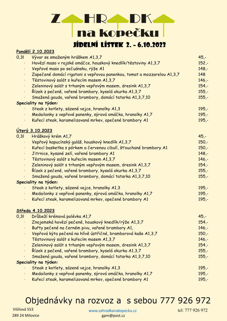 Polední menu - Restaurace Zahrádka na kopečku